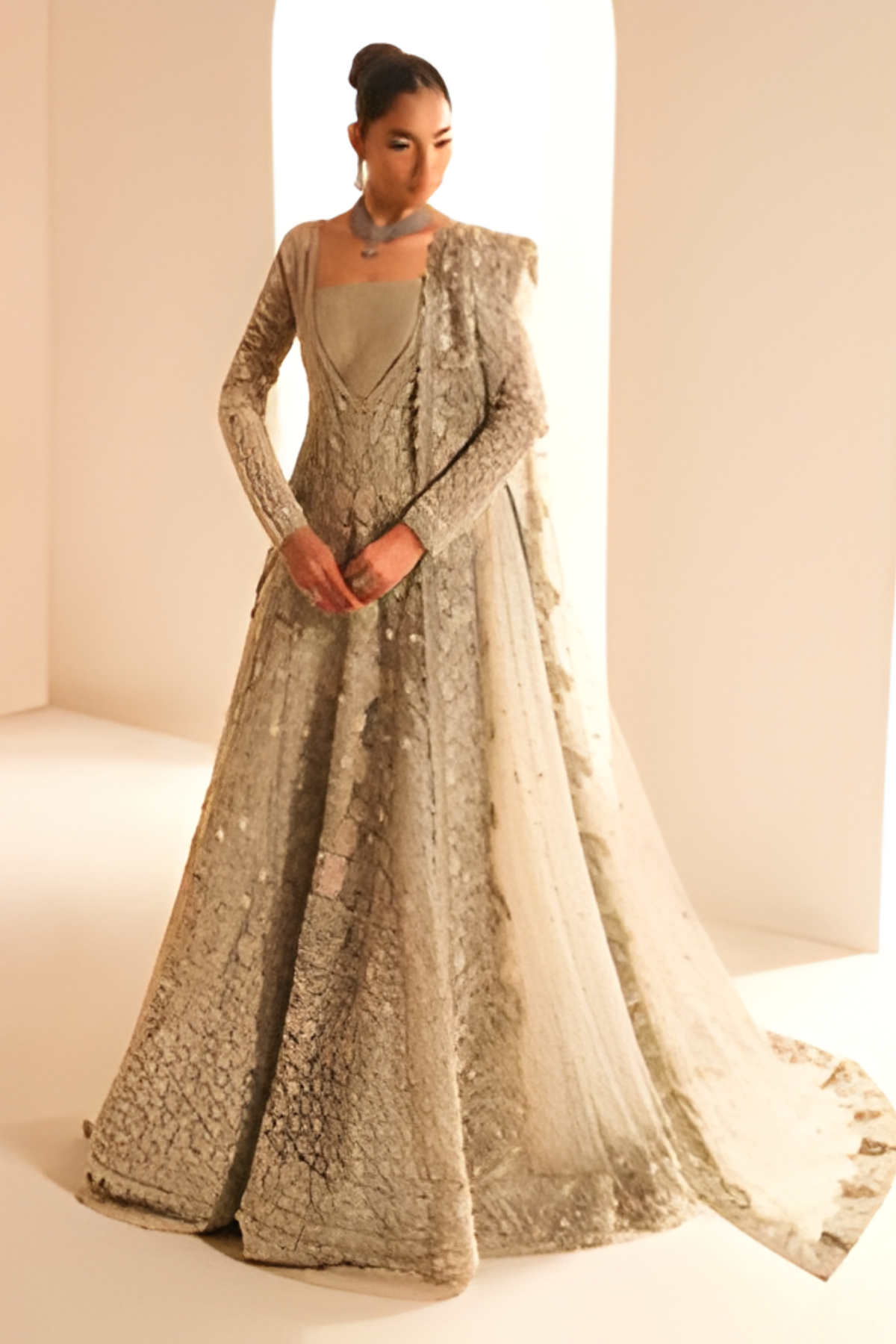 Silver Grey Pakistani Bridal Lehnga Gown Set - Nameera Bridal